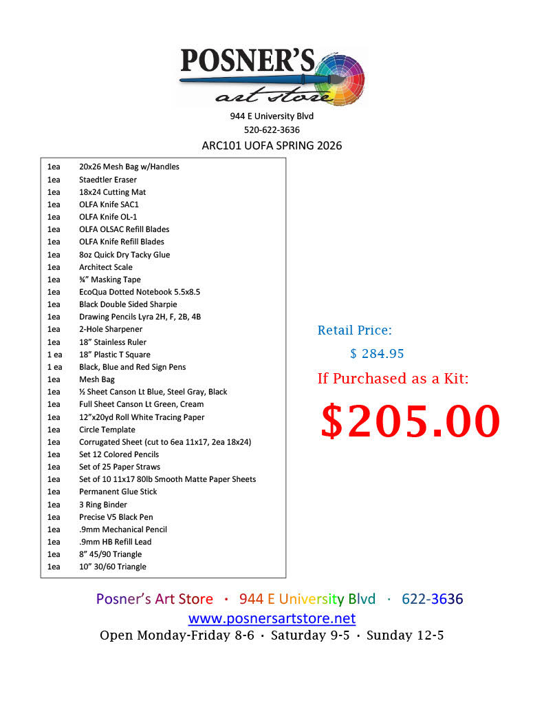 ARC101 University of Arizona Spring 2026 | Posners Art Store – Posner's ...